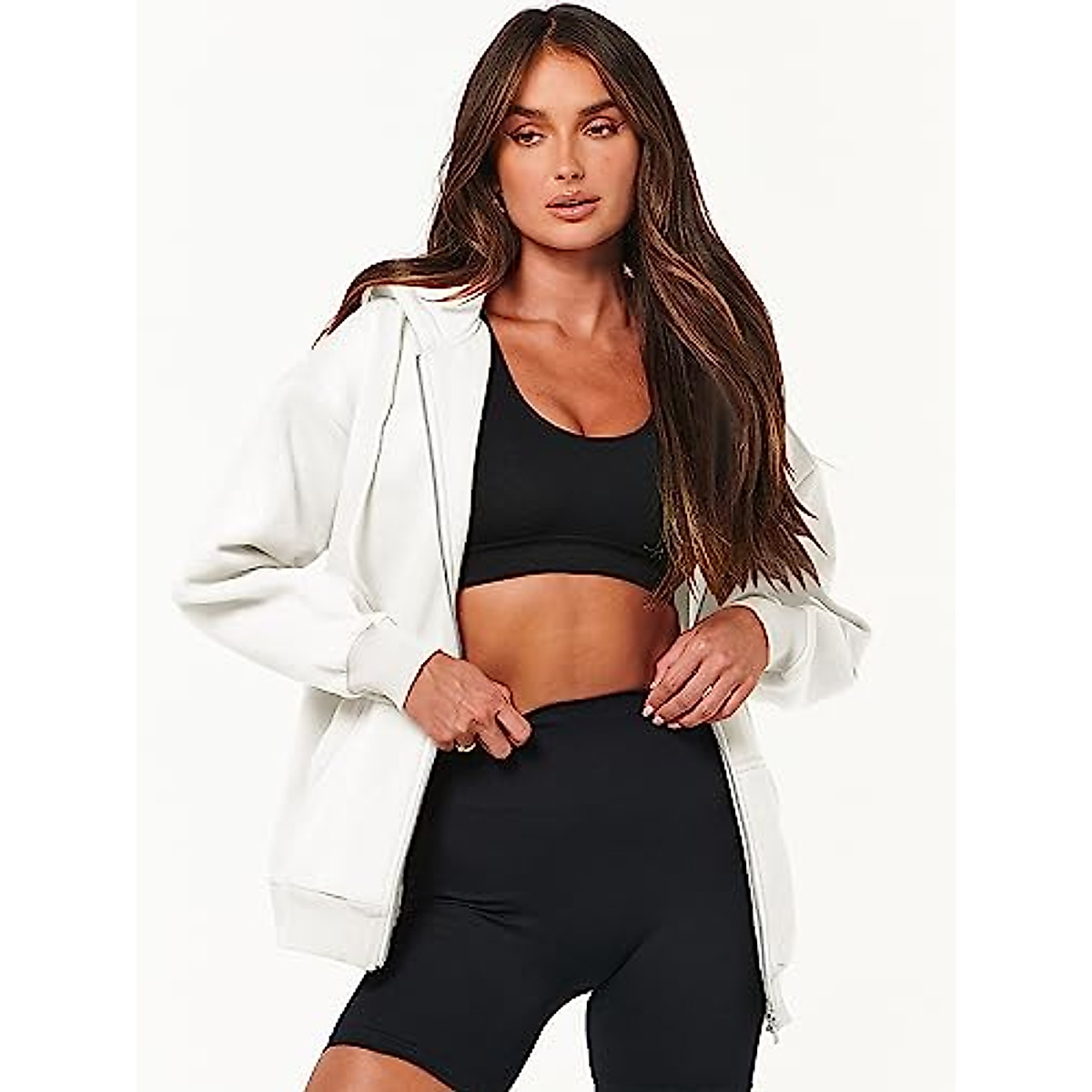 Prinbara Hoodies Jacket Coat for Women Long Sleeve Oversized Zip Up Fleece Sweatshirt Comfy Fall Clothes Y2K Trendy Top 9PA89-baise-L White