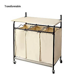 MYOYAY 3 Section Laundry Sorter with Garment Hanging Bar Rack Foldable Ironing Board, Laundry Basket Organizer Heavy Duty Laundry Hamper Rolling Cart with Lockable Wheels and 3 Removable Bags
