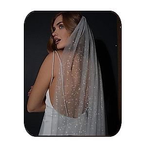 Unsutuo 1 Tier Glitter Bride Wedding Veil Fingertip Bachelorette Party Veil Sparking Bridal Veil for Women and Girls (White)