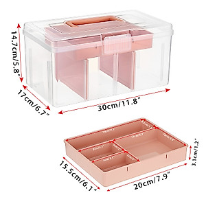 BTSKY 2 Layer Clear Plastic Dividing Storage Box with Removable Tray Multipurpose Stationery Storage Box with Handle Portable Sewing Box Art Craft Supply Organizer Home Utility Box (Big Pink)