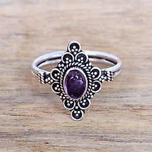NOVICA Artisan Handcrafted Amethyst Cocktail Ring from Bali Sterling Silver Indonesia Birthstone Geometric [crownbezel 0.2 in H x 0.7 in W x 0.5 in D Band Width 3 mm W] ' Daydream Temple'