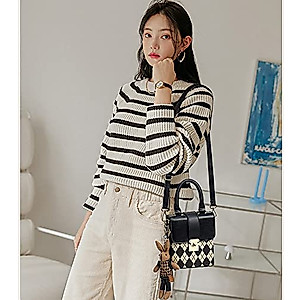 RTGGSEL Retro Vegan Leather Quilted Lattice Crossbody Shoulder Flap Bags for Women Small Tote Square Satchel Handbags Purse with Bunny Doll Pendant (Quilted-Black)