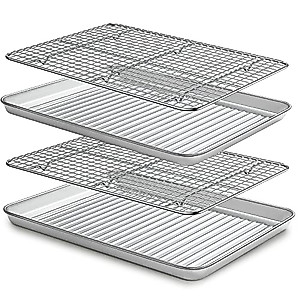 Baking Sheet with Cooling Rack Set(2 Pans+2 Racks) 17'', Terlulu Stainless Steel Baking Pan with Wire Rack, Heavy Duty Half Sheet Pan&Bacon Rack for Oven Cooking, Cookie Sheet, 17.1 x 12.2 x 1.1 Inch