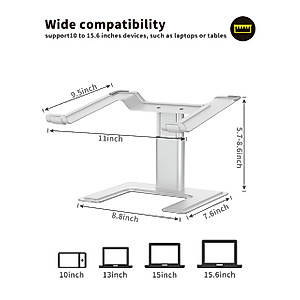 Ergopollo Laptop Stand for Desk, Computer Stand Adjustable Height, Ergonomic Notebook Laptop Riser, Aluminum Metal Holder Compatible with 10 to 15.6 Inches Notebook PC Computer, Silver