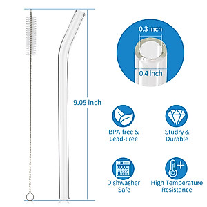 RENYIH 10 Pcs Reusable Glass Drinking Straws,9''x10 mm Clear Glass Straws for Beverages Milkshakes, Tea, Juice,Set of 5 Straight and 5 Bent with 2 Cleaning Brushes -Dishwasher Safe