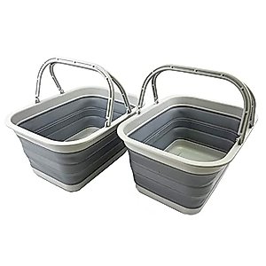 SAMMART 12L (3.17Gallon) Set of 2 Collapsible Tub with Handle - Portable Outdoor Picnic Basket/Crater - Foldable Shopping Bag - Space Saving Storage Container (Grey)