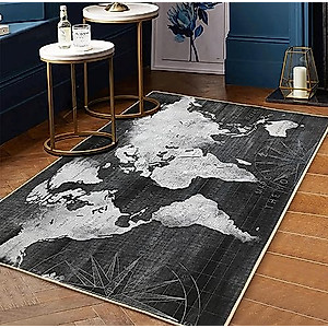 Black Area Rugs for Bedroom, Living Room, World Map Modern Abstract Non-Slip Area Rug Distressed Floor Carpet, 8 x 10 feet