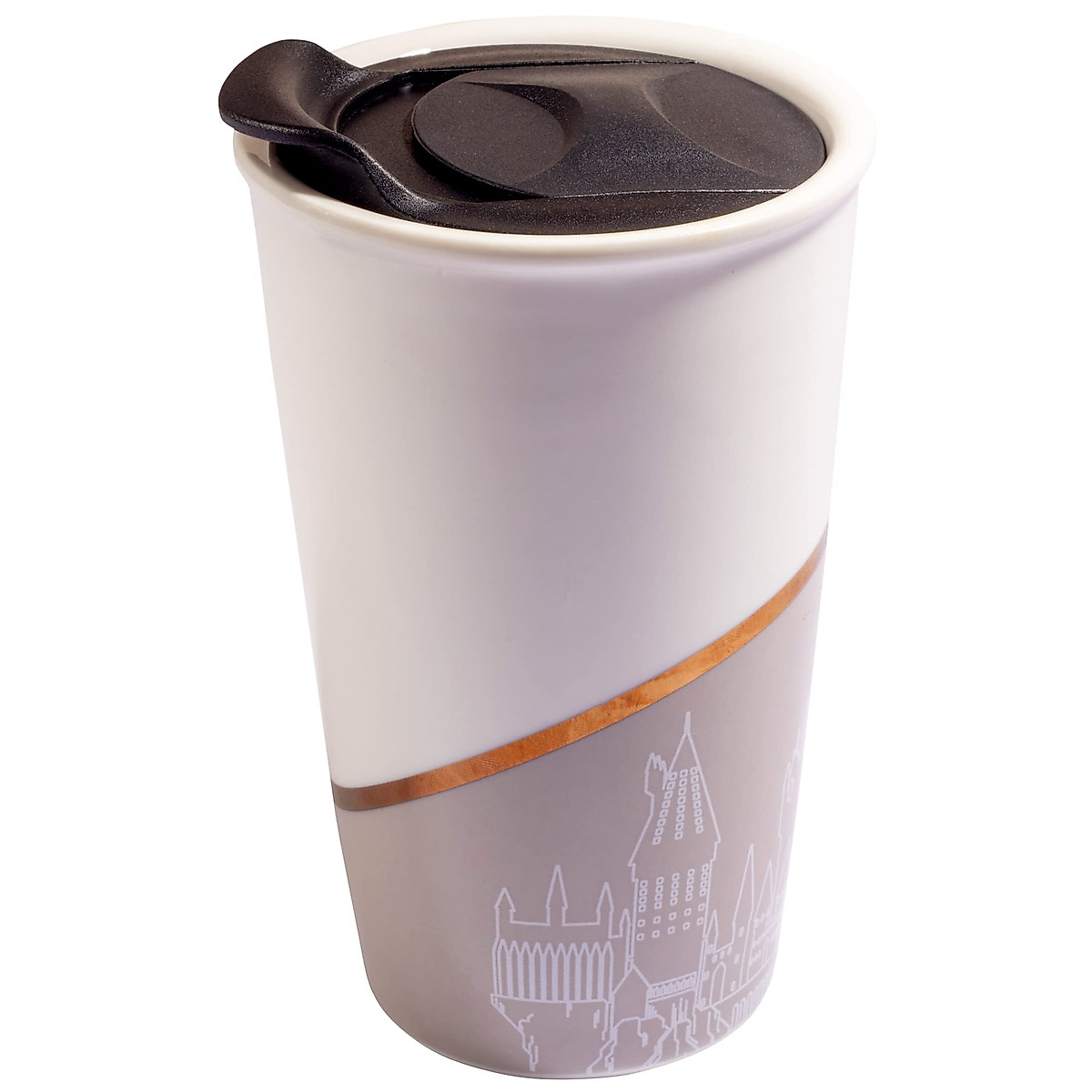 Seven20 Harry Potter Hogwarts Travel Coffee Mug, 14oz - Insulated, Ceramic Cup with Lid - Gold and Gray Hogwarts Design - Gift for Teens and Adults