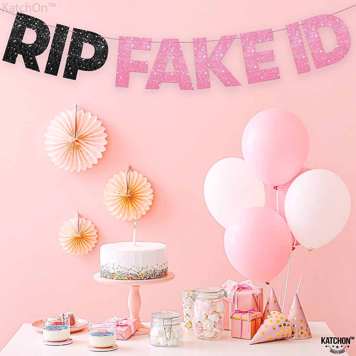 KatchOn, Black and Pink RIP Fake ID Banner - Glitter, 10 Feet, No DIY | 21st Birthday Banner, 21st Birthday Decorations for Her | 21st Birthday Sign, Happy 21 birthday decorations | Finally 21 Banner