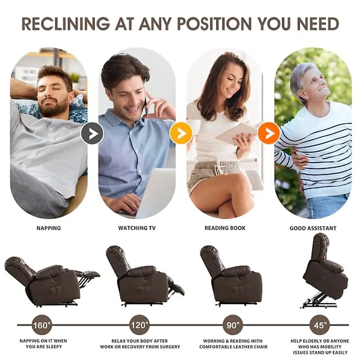 COOSLEEP Large Power Lift Recliner Chair with Massage and Heat for Elderly, Overstuffed Wide Recliners, Breathable Leather with Breathable microporous, USB Ports, 2 Cup Holders (Brown)