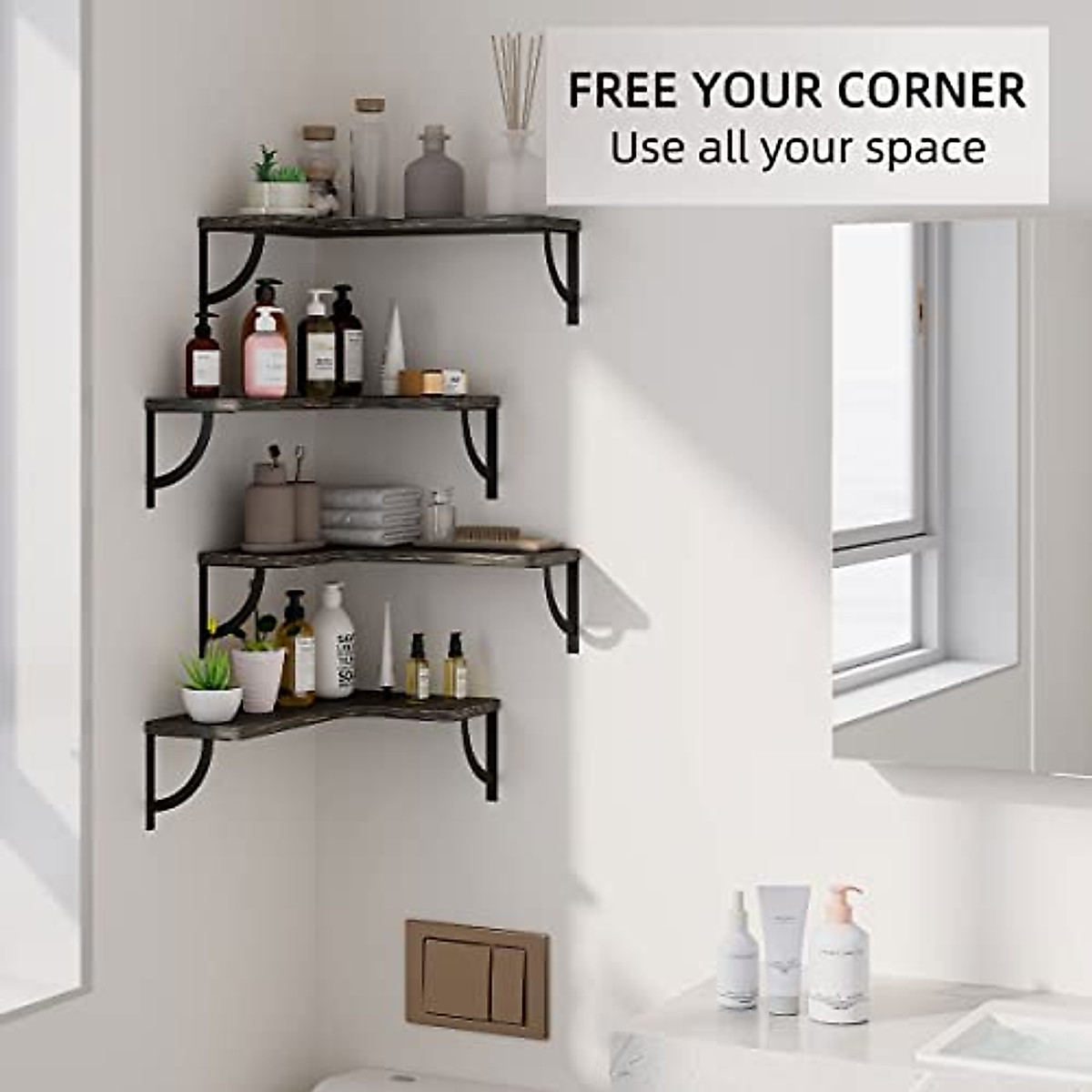 MOLYHOM Wood Floating Corner Shelves, Wall Shelves for Bedroom, 4 Sets of Wall Mounted Shelf…