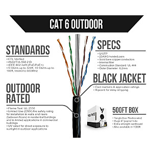 Voltive Cat6 Outdoor (CMX), 500ft, Black - UV Resistant - Solid Bare Copper Bulk Ethernet Cable - UTP - 600MHz - UL Certified & ETL Verified