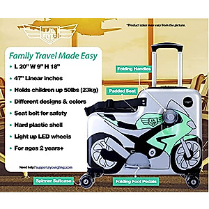 Younglingz Lil Flyer 20" kid ride on suitcase child stroller spinner luggage (Green Motorcycle)
