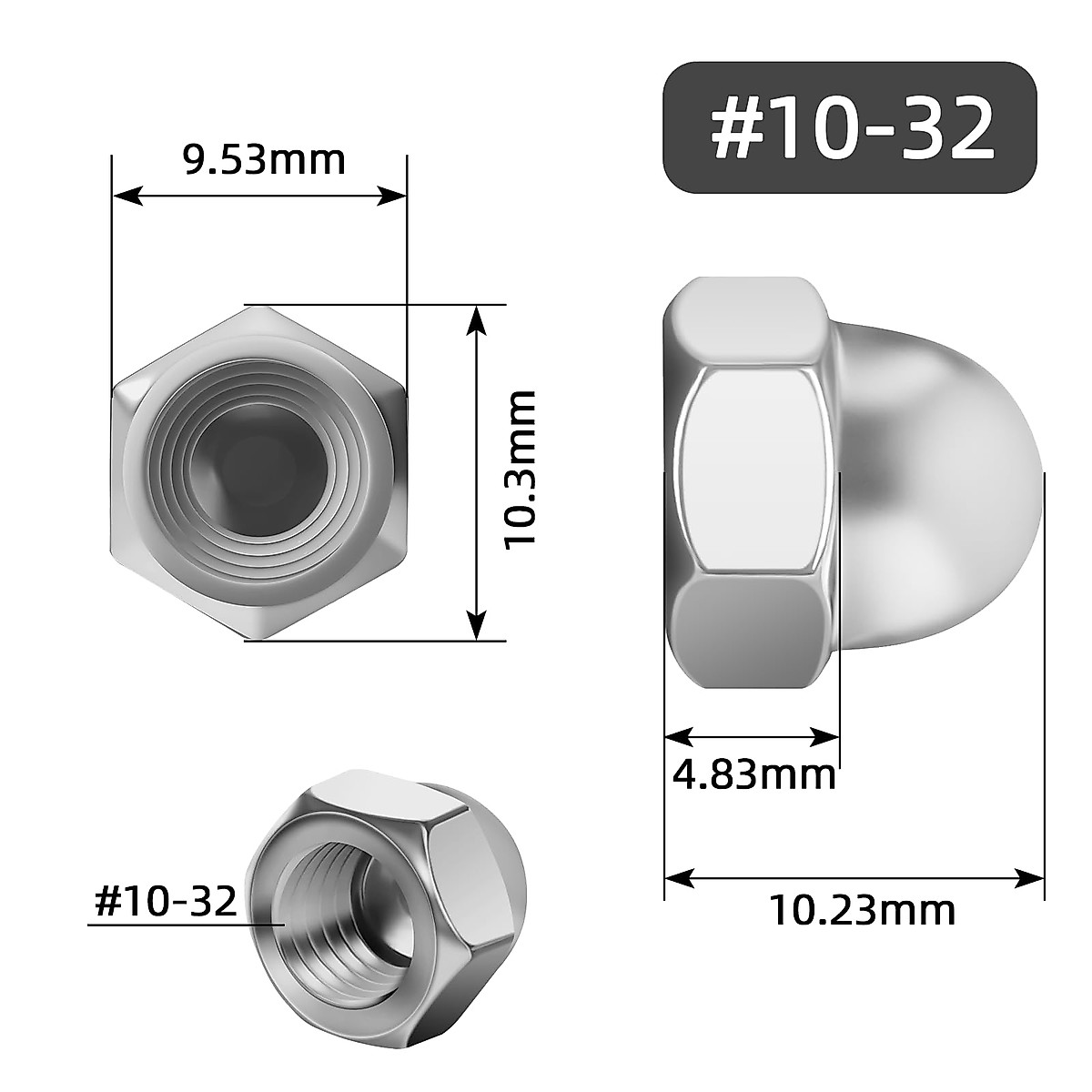 #10-32 Acorn Hex Cap Dome Head Nuts, 304 Stainless Steel 18-8, Bright Finish, Pack of 50