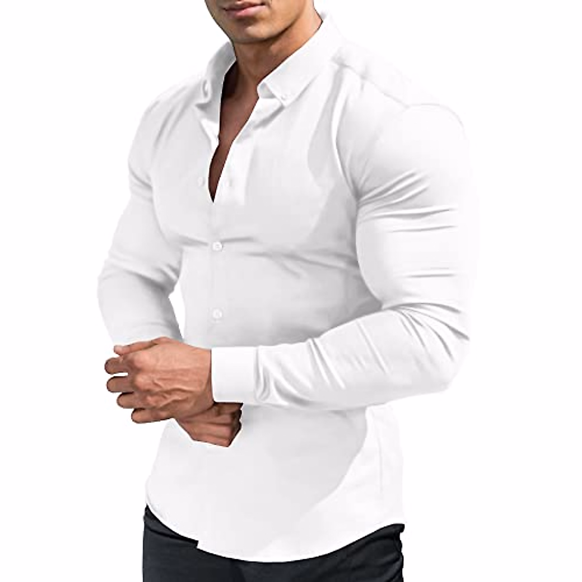 URRU Men's Muscle Dress Shirts Slim Fit Stretch Long Sleeve Casual Button Down Shirt White S