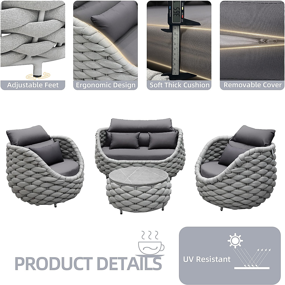 TWT Patio Furniture Set 4 Pieces Aluminum Outdoor Furniture w/27.8in Coffee Table,Patio Conversation Set with Hand Woven Polyester Rope for Backyard Garden Poolside,Gray