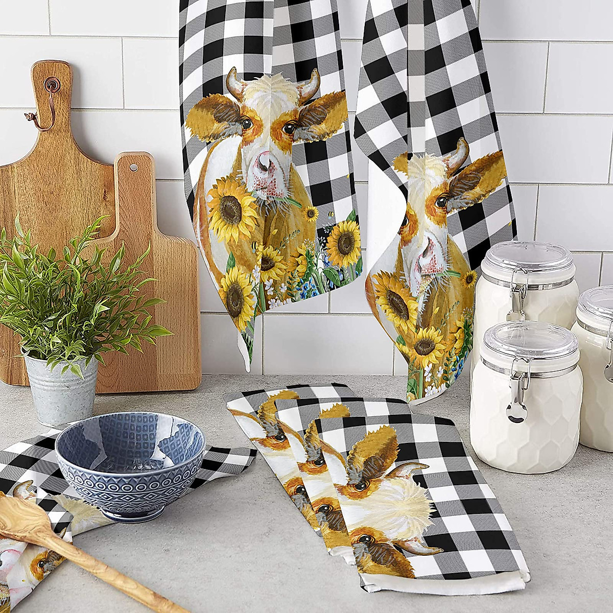 Chees D Zone Kitchen Towels Cotton Dish Towel,Farm Animals Cute Cow Country Yellow Sunflower Green Plants Soft Dishcloth Absorbent Tea Towel,Retro Black Plaid Reusable Washable Hand Towels 3 Pack