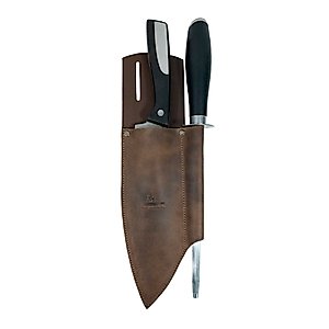 Cast Leather Co., Knife Holster for Belt, Rustic Sleeve for Chef Knife with Knife Sharpener Slot, Rustic Knife Sheath, Full Grain Leather, Handmade, Bourbon Brown