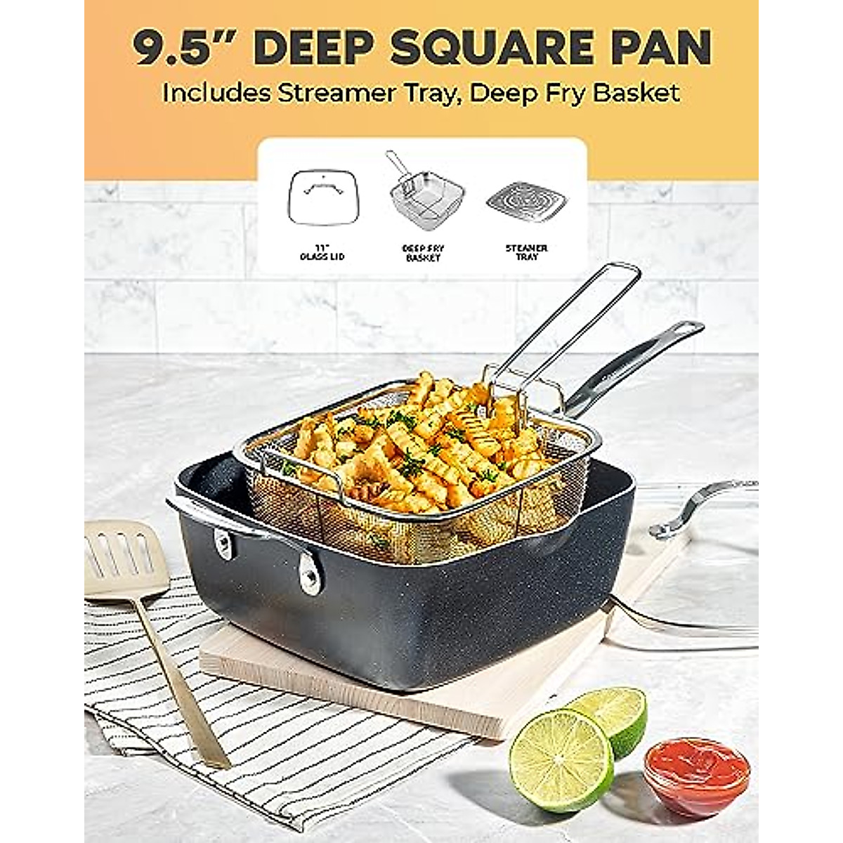 Granitestone 9.5 Inch Deep Frying Pan with Lid, 4 Pc Non Stick Deep Square Frying Pan Set with Steamer & Fry Basket, Large Frying Pan/Saute Pan for Cooking, Dishwasher/Oven Safe, 100% Non Toxic