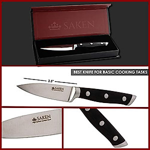 Saken Paring Knife 3.5 Inch Kitchen Utility Knife High Carbon Steel with Wooden Handle in Dark Wood Finish - Multipurpose Kitchen Knife for Mincing, Slicing, Chopping, and General Cutting Work