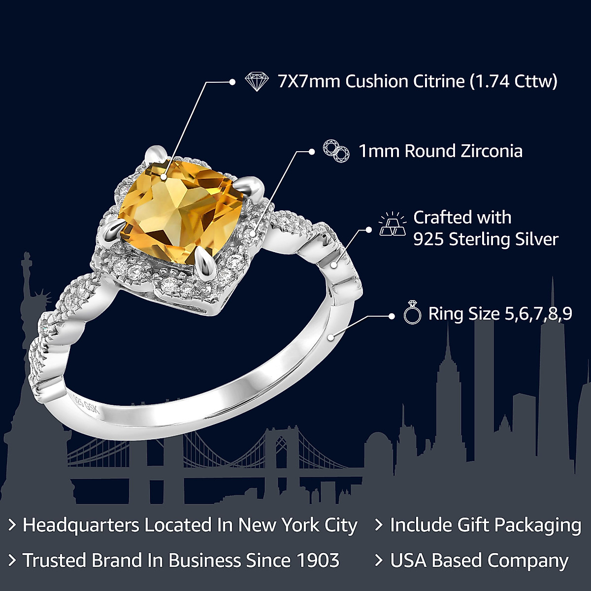 Gem Stone King 925 Sterling Silver Yellow Citrine and Moissanite Solitaire Ring For Women (1.74 Cttw, Cushion Cut 7MM, Gemstone, Available in Size 5, 6, 7, 8, 9)