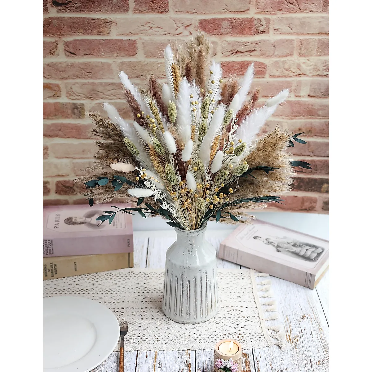 126pcs Dried Pampas Grass Decorations, Dried Flowers, Dried Bouquet in Vase, Reed Grass Bouquet for Bohemian Floral Home Wedding, Table Centerpieces, Rustic Farmhouse Decor. (Vase Not Included)