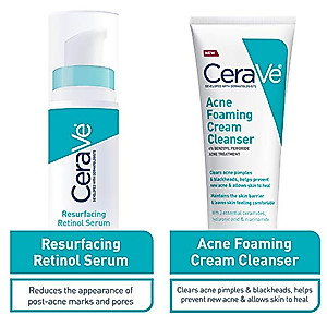 CeraVe Acne Treatment Face Wash and Retinol Serum Bundle | Contains One Acne Foaming Cream Cleanser (5 Ounce) and One Brightening Facial Serum for Post-Acne Marks and Pores (1 Ounce)