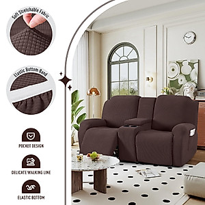 TAOCOCO Recliner Loveseat Cover with Middle Console Sofa slipcover, Stretch Reclining Sofa Covers for 2 Seat Reclining Couch, Jacquard Pattern Soft Loveseat Slipcover Furniture Protector, Dark Coffee