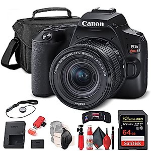 Canon EOS Rebel SL3 DSLR Camera with 18-55mm Lens (Black) (3453C002) + 64GB Memory Card + Case + Card Reader + Flex Tripod + Hand Strap + Cap Keeper + Memory Wallet + Cleaning Kit (Renewed)