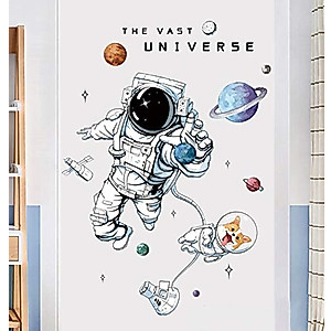 ROFARSO Astronaut Wall Stickers Planet Space Corgi Dog DIY Vinyl Removable Large Wall Decals Art Decorations Decor for Kids Boys Bedroom Living Room Playing Room Murals