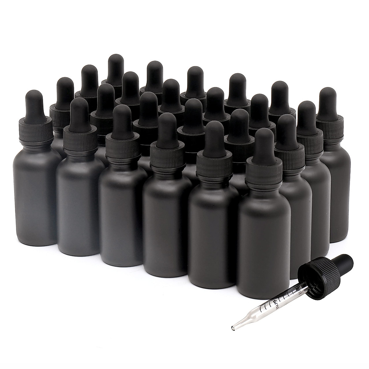 NOOEEISS 24 Pack,1oz Glass Dropper Bottle, Frosted Black Tincture Bottles with Dropper,Pretty Finish for All Kinds of Liquids,Oil Bottles for Hair- Stronger Suction ideal for Leakproof Travel