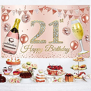 Happy 21st Birthday Banner Backdrop Decorations for Her, Pink Rose Gold 21st Birthday Background Party Supplies for Girls Women, 21 Year Old Birthday Photo Booth Poster Sign Decor(72.8 x 43.3 Inch)