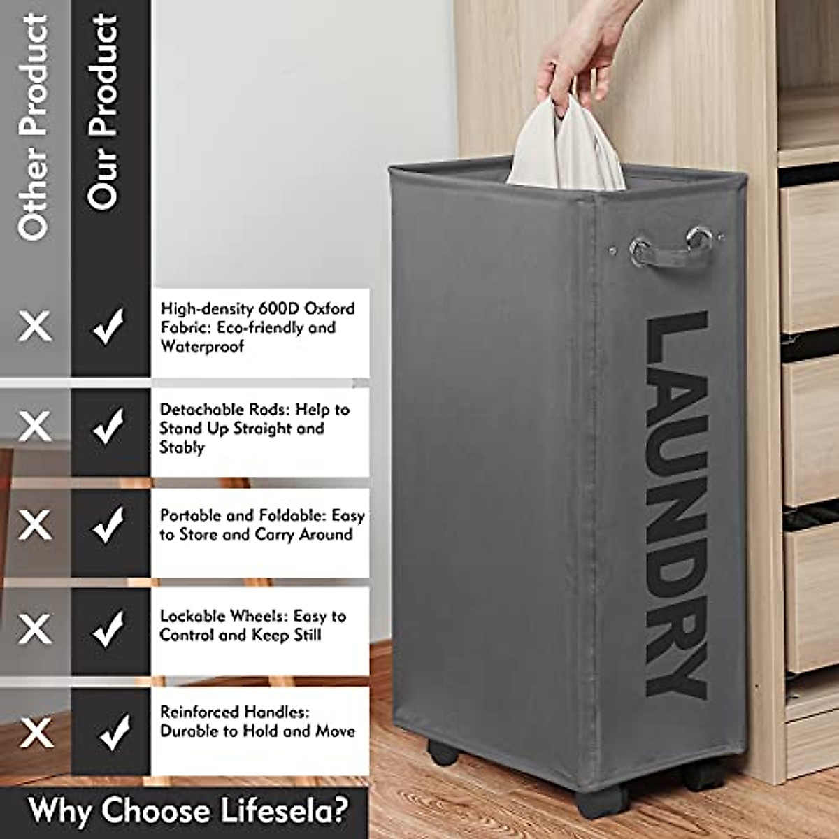Lifesela X-Large Rolling Laundry Hamper, 27" Tall Slim Laundry Basket with Mesh Liner, Collapsible Dirty Clothes Hamper with Handle, Corner Laundry Bin Laundry Cart with Wheels (Grey)