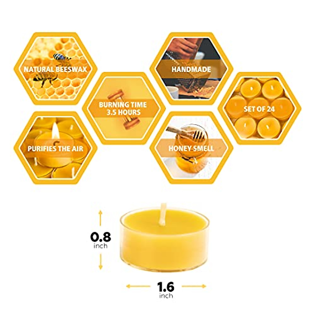 CANDWAX Pure Beeswax Tealight Candles Set of 24-3,5 Hours Burning Handmade Honey Yellow Candles - Smokeless Pure Bees Wax Home Decor Natural Candles