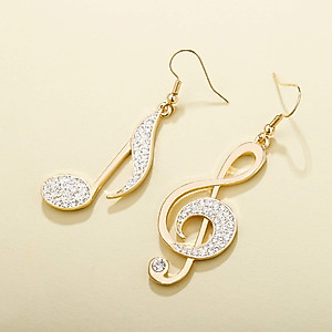 Women Dangle Earrings with Music Note Drop - CZ Clear Crystal Musical Fans Clip on Hook Earring, Rhinestone Fashion Costume Jewelry for Girls…