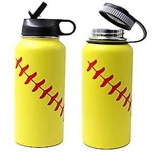 32 oz Softball Water Bottle, Flask Sports with 2 Lids 18/8 Stainless Steel Tumbler Double Wall Vacuum Insulated Hot/Cold (32oz, Yellow Softball)