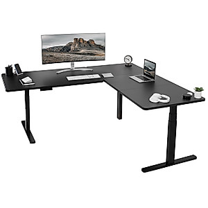 VIVO Electric Height Adjustable 77 x 71 inch Corner Stand Up Desk, 2 Black 30 inch Deep Table Tops, Black Frame, Memory Controller, L-Shaped Standing Workstation, DESK-KIT-3E7B