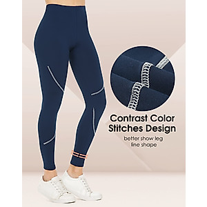 MANCYFIT Thermal Pants Women Fleece Lined Leggings Womens Thermal Underwear Bottoms Contrast Color Stitching Winter Leggings Navy and White Lines X-Small