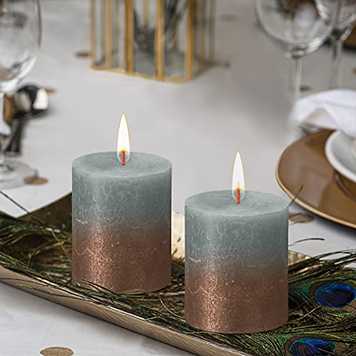 BOLSIUS 4 Pack Eucalyptus Green/Copper Sunset Rustic Metallic Pillar Candles - 2.75 X 3.25 Inches - Natural Eco-Friendly Plant-Based Wax - Unscented Dripless Smokeless 35 Hour Quality European Candles