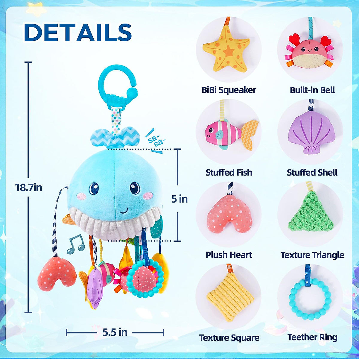 Jollybaby Plush Stuffed Activity Pull String Hanging Toys for Stroller Car Seat Crib or Gym, Montessori Sensory Carseat Toy for Baby 0-3-6-12-18 Months, Whale Toy for Infant Baby Boy Girl Gifts