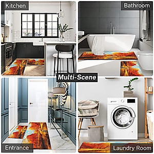 ArtSocket Autumn Kitchen Rugs and Mats Non Skid Washable Set of 2, Orange Red Fall Kitchen Runner Rug, Golden Trees Harvest Maple Kitchen Floor Mat Under Sink Mat Throw Rug for Doormat