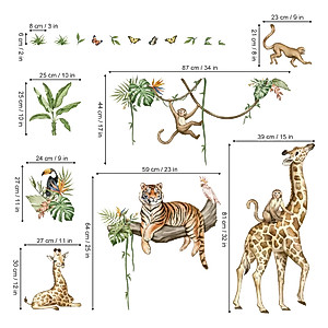 wondever Large Jungle Animal Tree Branch Wall Stickers Safari Giraffe Tiger Monkey Peel and Stick Wall Art Decals for Baby Nursery Kids Bedroom Playroom