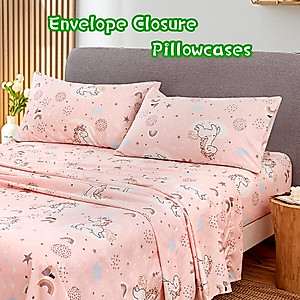 JSD Pink Unicorn Kids Sheet Set Twin Size, 3 Piece Girls Rainbow Printed Microfiber Bed Sheets Deep Pocket