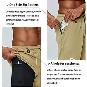 Pinkbomb Men's 2 in 1 Running Shorts Gym Workout Quick Dry Mens Shorts with Phone Pocket (Khaki, Medium