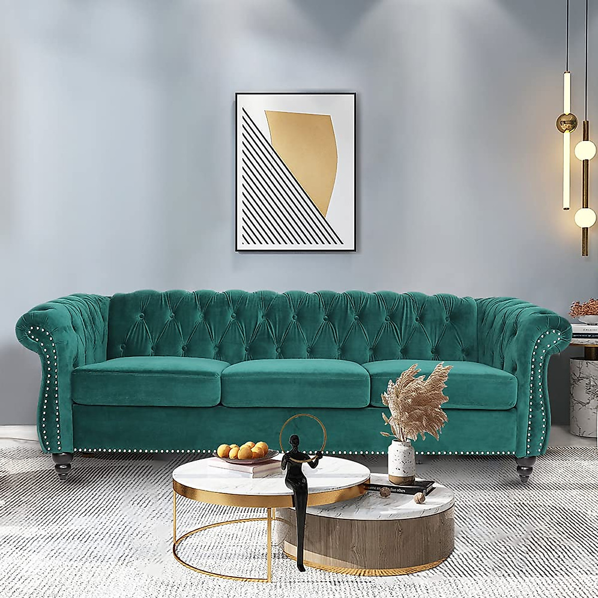 LEVNARY Three-Seat Velvet Sofa, Large Sofa Classic Tufted Chesterfield Settee Sofa Modern 3 Seater Couch Furniture Tufted Back for Living Room, Green