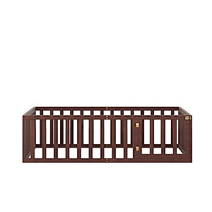 Merax Twin Size Wood Floor Bed Frame with Fence and Door (Walnut)