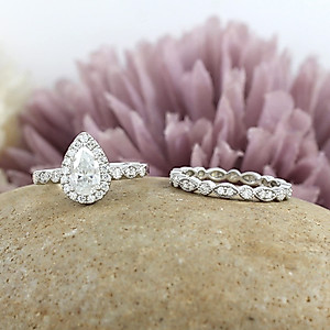 Wishrocks 1.4CT 925 Sterling Silver White Gold Over Bridal Ring Set Teardrop Moissanite Diamond Halo Engagement Ring Vintage Pear Promise Ring Marquise Wedding Band for Women VVS1-6