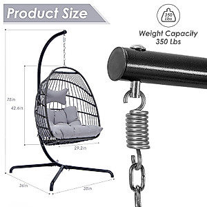NICESOUL® Indoor Outdoor Patio Wicker Hanging Egg Chair Swing Hammock Egg Chairs UV Resistant Cushions 350lbs Capaticy for Patio Bedroom Balcony (Grey)