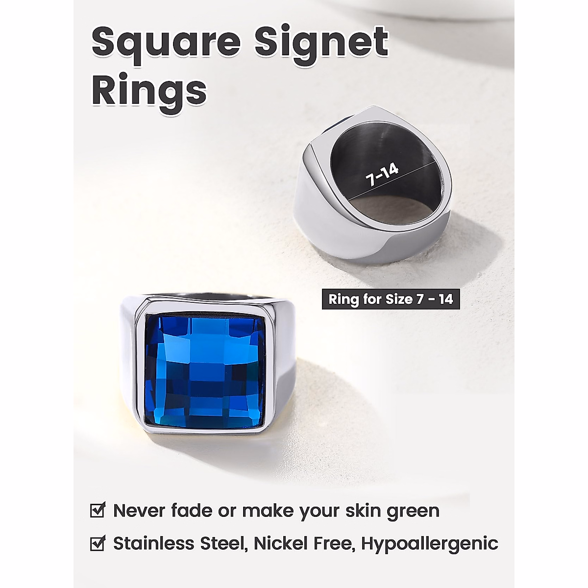 KeyStyle Blue Sapphire Large Rings For Men, Diamond Cut Created Stone Signet Rings Size 12