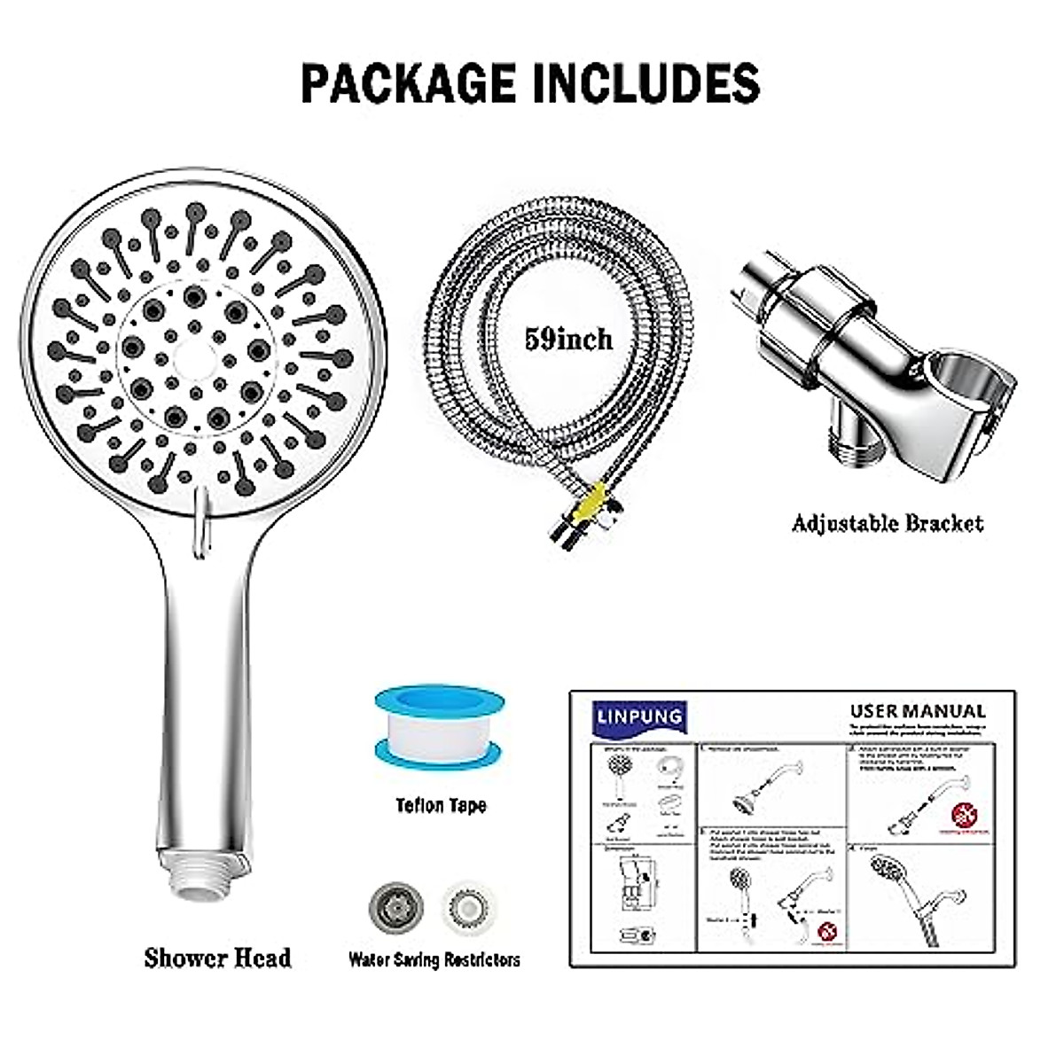 LINPUNG Handheld Shower Head, No Tingling Sensation, 6-Spray Modes, Chrome High Pressure Shower Head with Handheld, 59-inch Shower Hose, Rain Showerhead with Handheld Sprayer, Shower Wand California